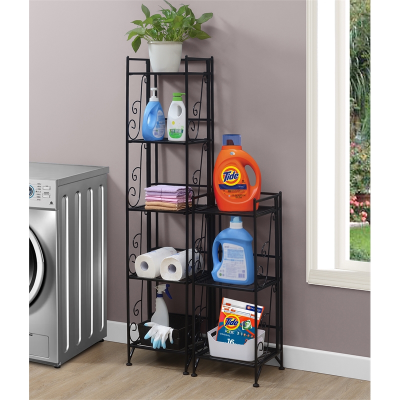 Xtra Storage Five-Tier Folding Metal Shelf with Scroll Design in Black ...