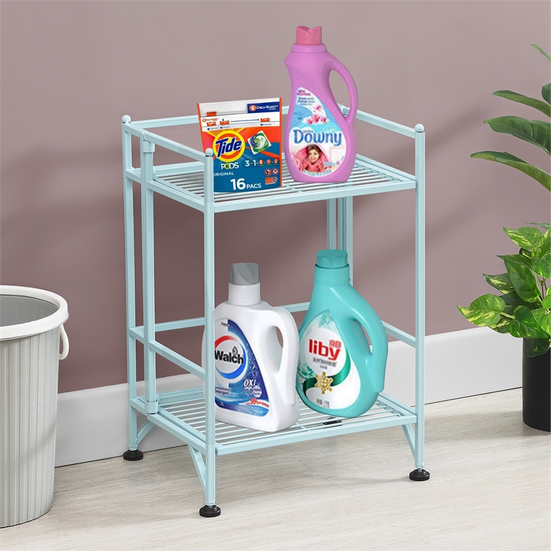 Xtra Storage Two-Tier Folding Metal Shelf with Seafoam Blue Metal Frame ...
