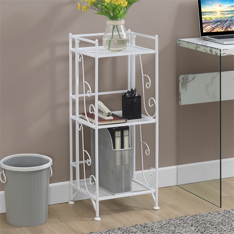 Xtra Storage Three-Tier Folding Metal Shelf with Scroll Design in White ...
