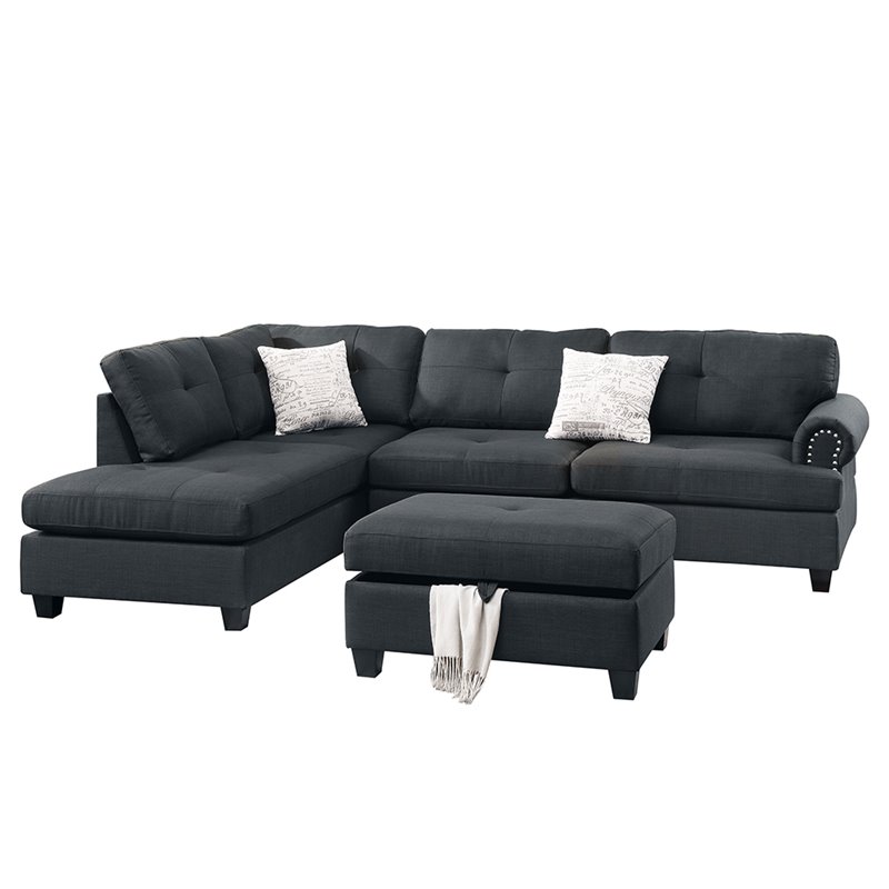 Poundex 3 Piece Fabric Sectional Sofa Set with Storage Ottoman in Black ...