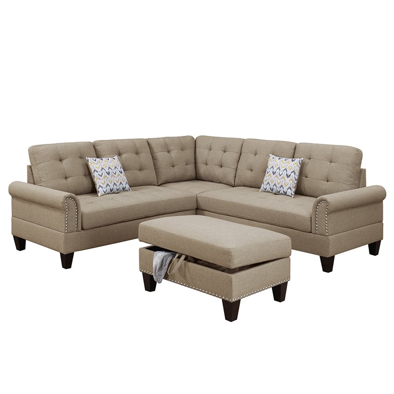 Poundex 3 Piece Fabric Sectional Sofa Set with Storage Ottoman in Beige ...