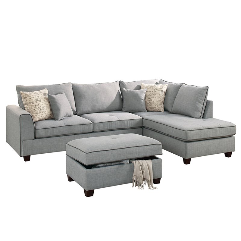 Poundex 3 Piece Fabric Sectional with Storage Ottoman in Light Gray ...