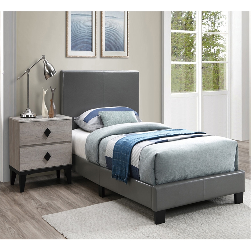 Poundex Furniture Twin Faux Leather Bed Frame with 12 Slats in Gray