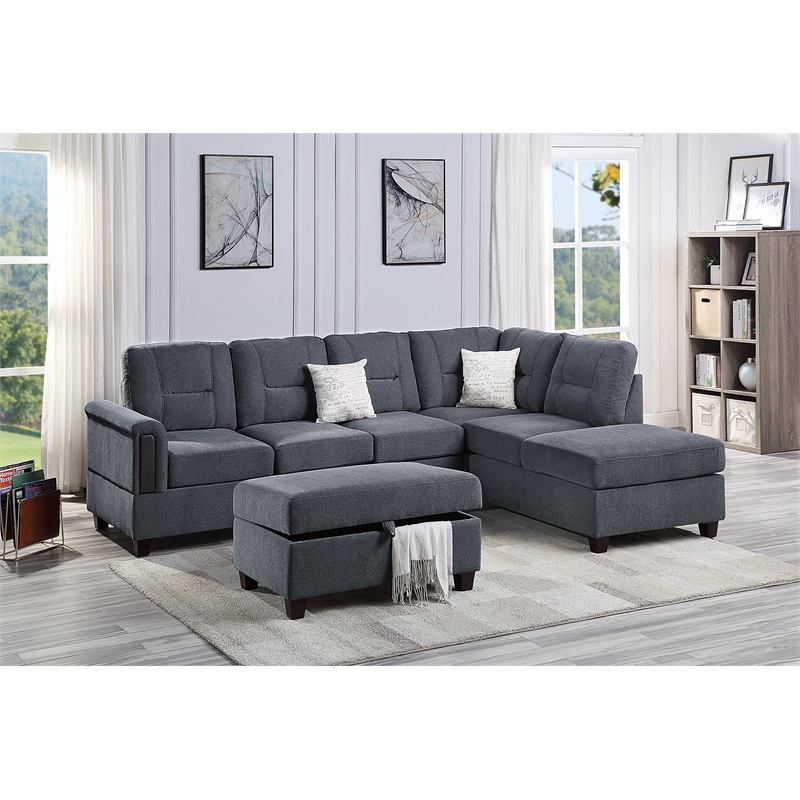 Poundex Furniture Chenille Fabric 3-Pc Sectional in Charcoal | Cymax ...