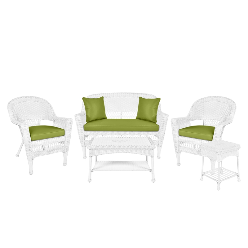 Jeco 5 Piece Resin Wicker Patio Conversation Set in White with Green ...