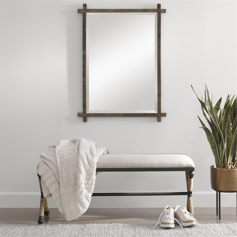 Uttermost Firth Coastal Iron MDF and Fabric Bench in Oatmeal Beige Cymax Business
