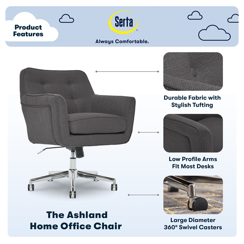 Serta Ashland Home Office Desk Chair Memory Foam Cushion Dark Gray Twill Fabric