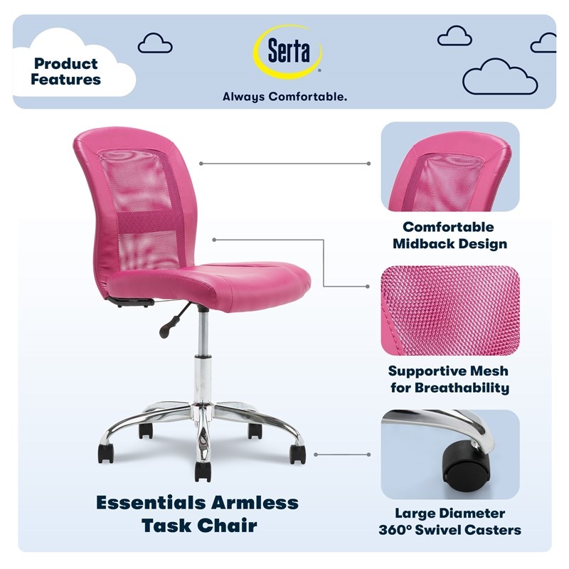 Serta Essential Armless Desk Chair with Breathable Lightweight Mesh Back Pink