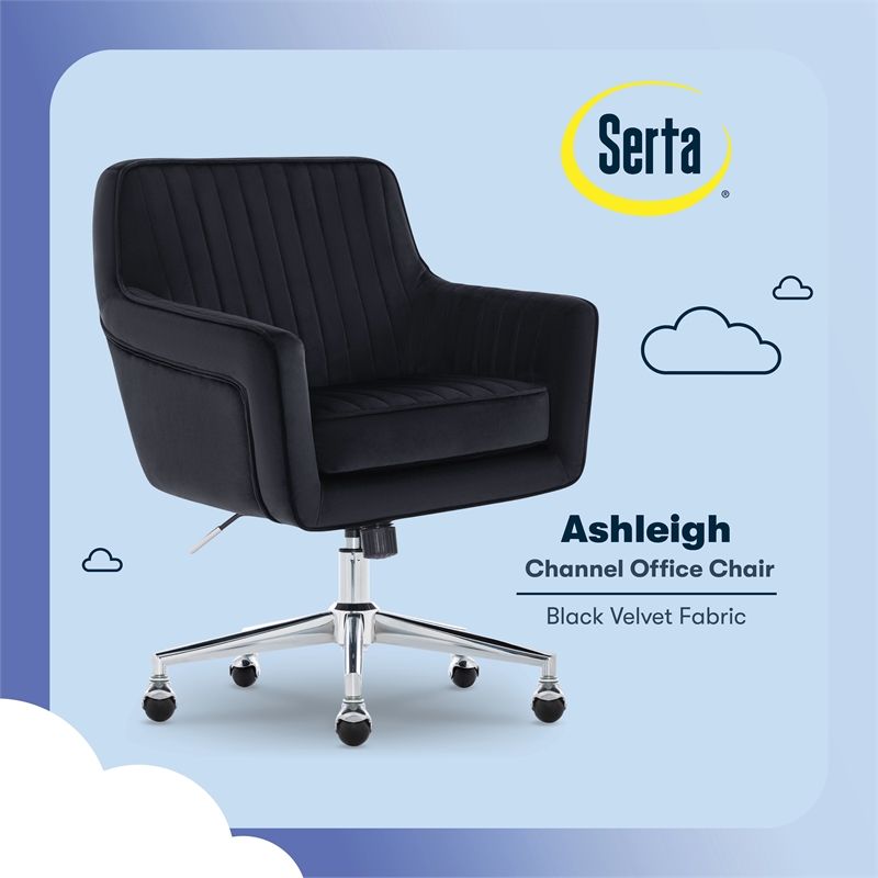 Serta Ashleigh Modern Office Chair Channel-Tufted Design Black Velvet ...