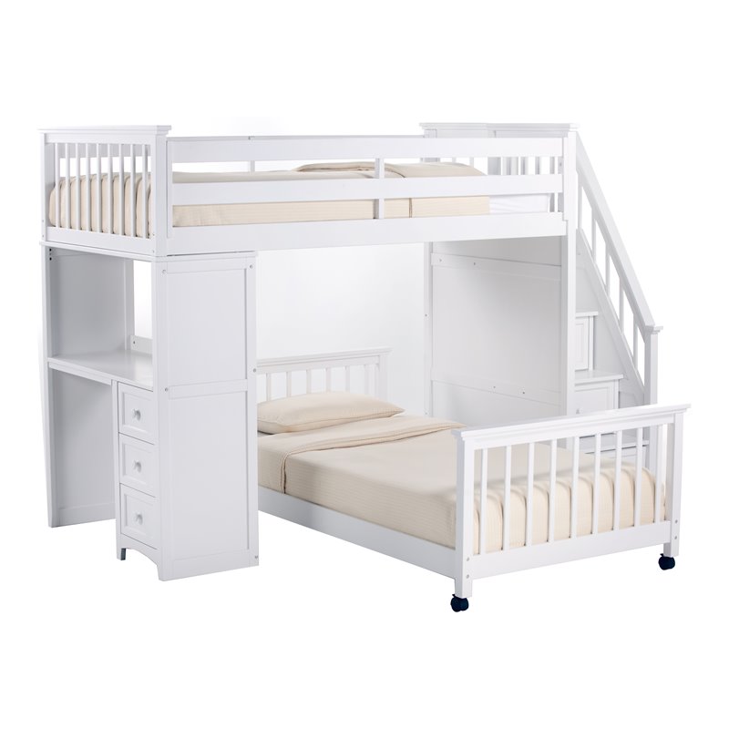 NE Kids Schoolhouse Wood Loft Bed with Desk and Twin Lower Bed in White ...
