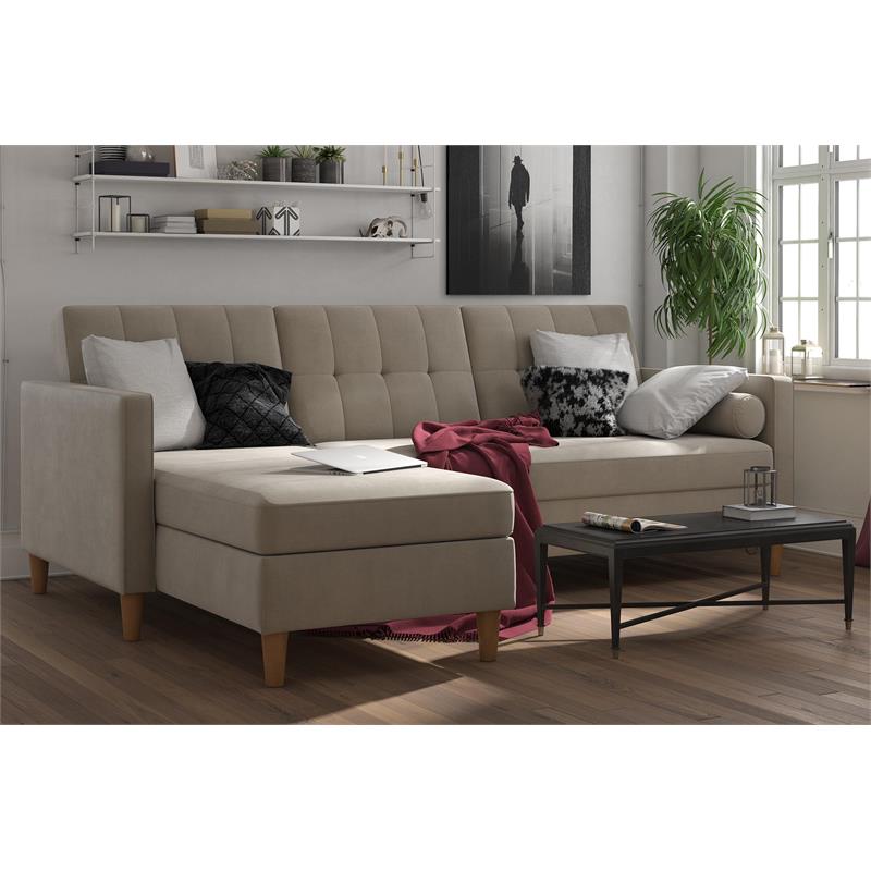 DHP Hartford Storage Sectional Futon with Chaise in Tan Chenille