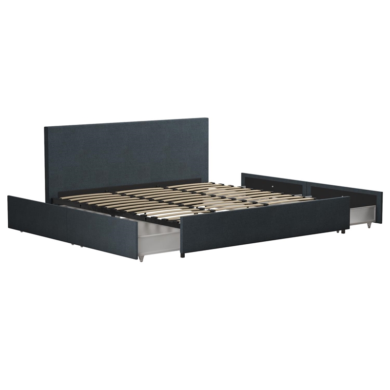 Novogratz Kelly King Upholstered Bed with Storage in Navy Linen | Cymax ...