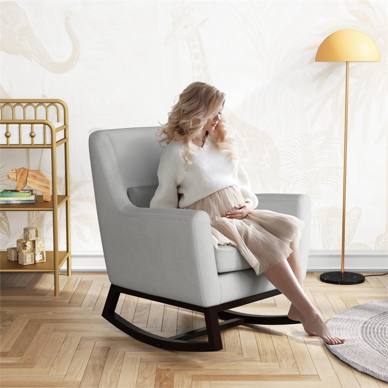 Little Seeds Sophie Mid Century Rocker with Lumbar Pillow in Light Gray Linen Cymax Business