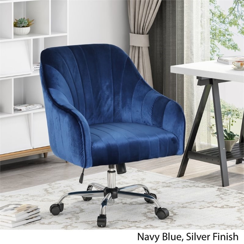 Noble House Channeled Glam Velvet Home Office Swivel Chair in Navy Blue Homesquare