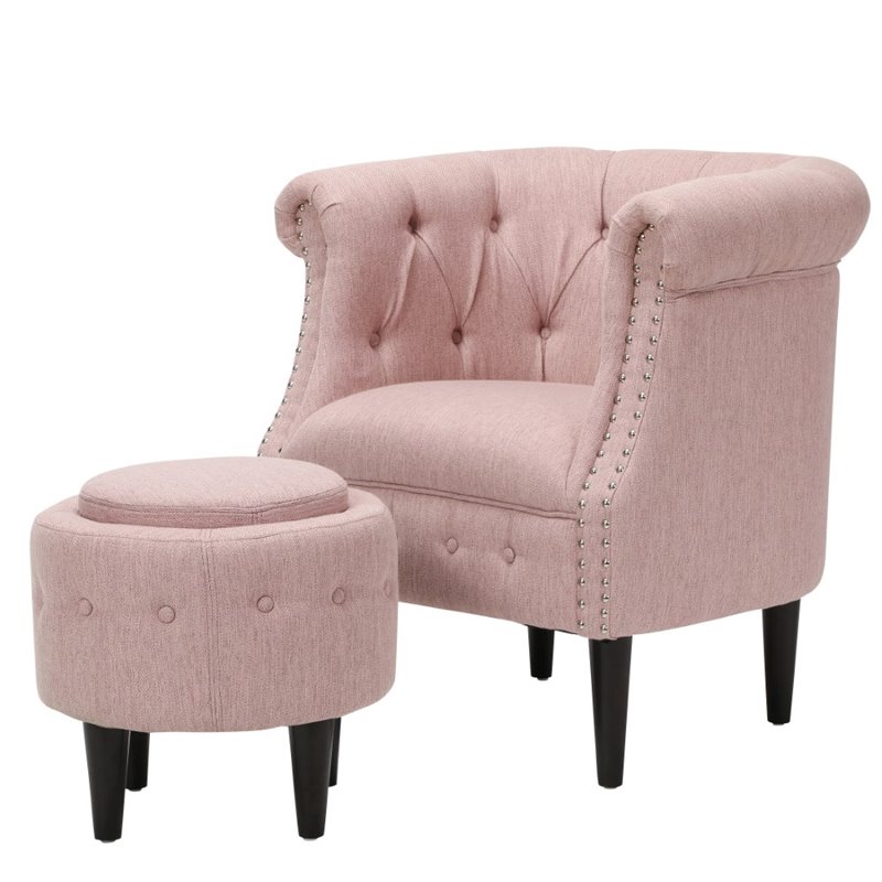 Noble House Beihoffer Petite Tufted Fabric Chair and Ottoman Set in Light Blush