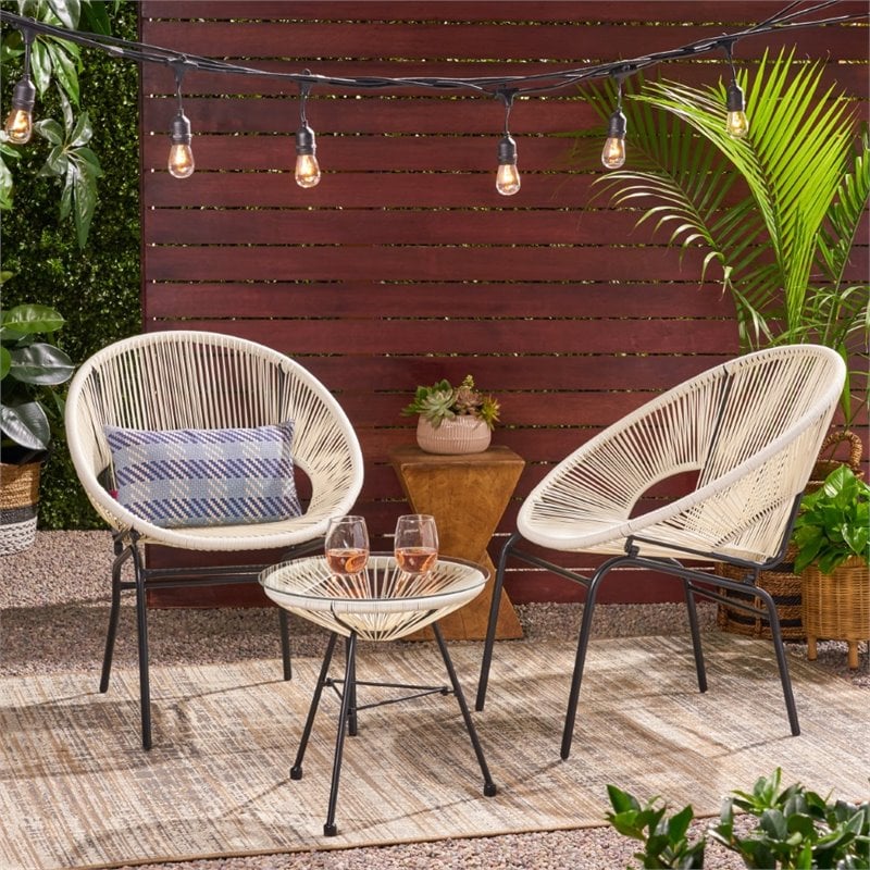 Noble House Nusa 3 Piece Outdoor Faux Rattan Chat Set in White and Black Cymax Business