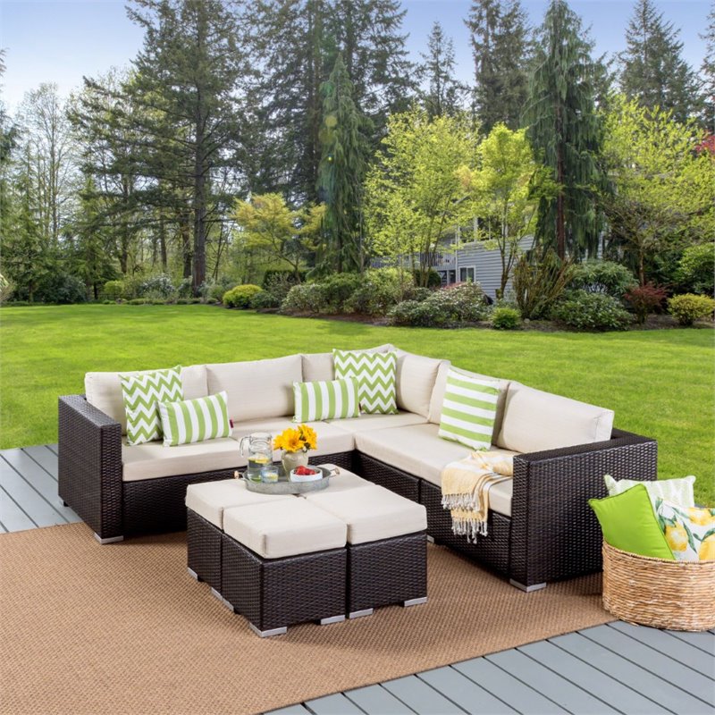 Noble House Santa Rosa 9 Piece Outdoor Wicker Sectional Sofa Set in Brown Beige Cymax Business