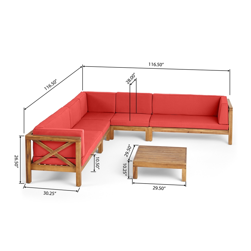Noble House Brava 6 Piece Outdoor Acacia Wood Sectional Sofa Set in Red Cymax Business