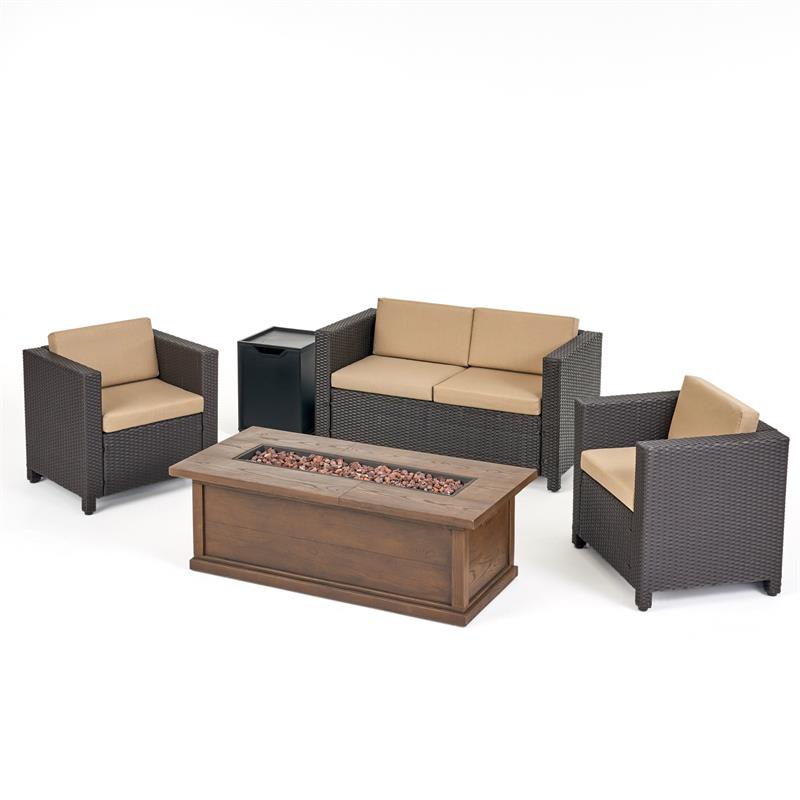 Noble House Gerhardt Outdoor 4 Seater Wicker Chat Set with Fire Pit ...