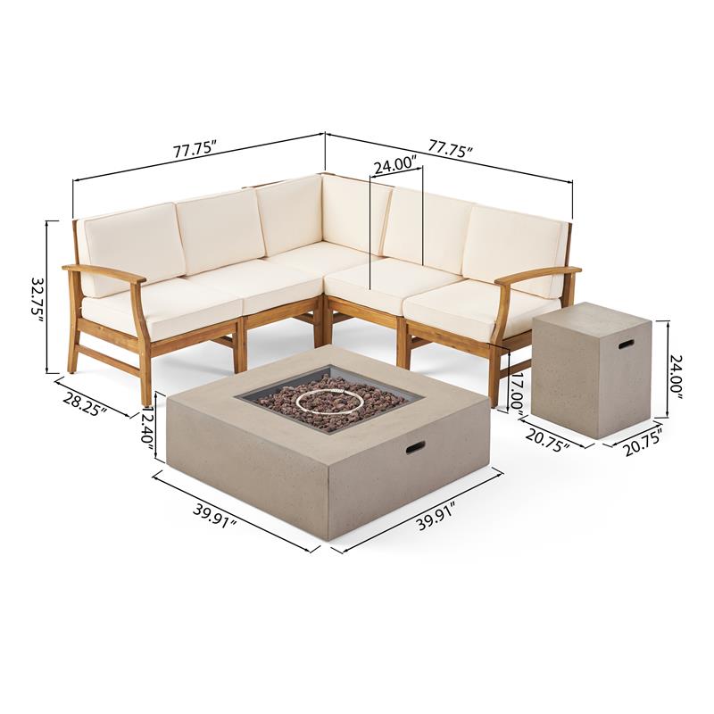 Noble House Illona Outdoor 6 Seater Sofa Set w Fire Table Cream