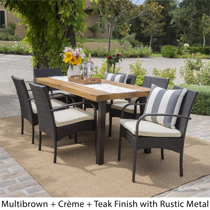 Noble house olivia outdoor 6 piece acacia wood dining set with wicker dining chairs and cushions store