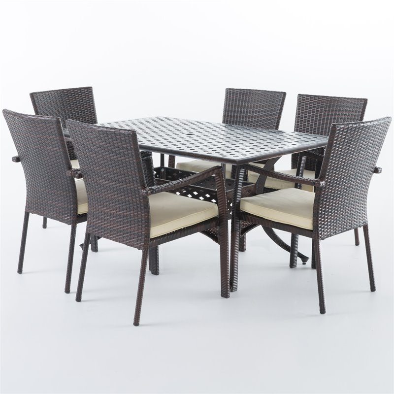 Noble House Solomon 7 Piece Wicker Patio Dining Set in Shiny Copper ...