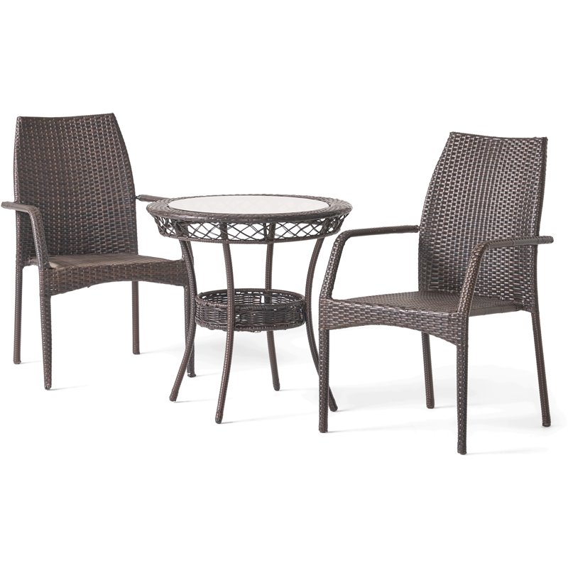 Noble House Lisbon 3 Piece Wicker Patio Bistro Set in Brown | Cymax ...