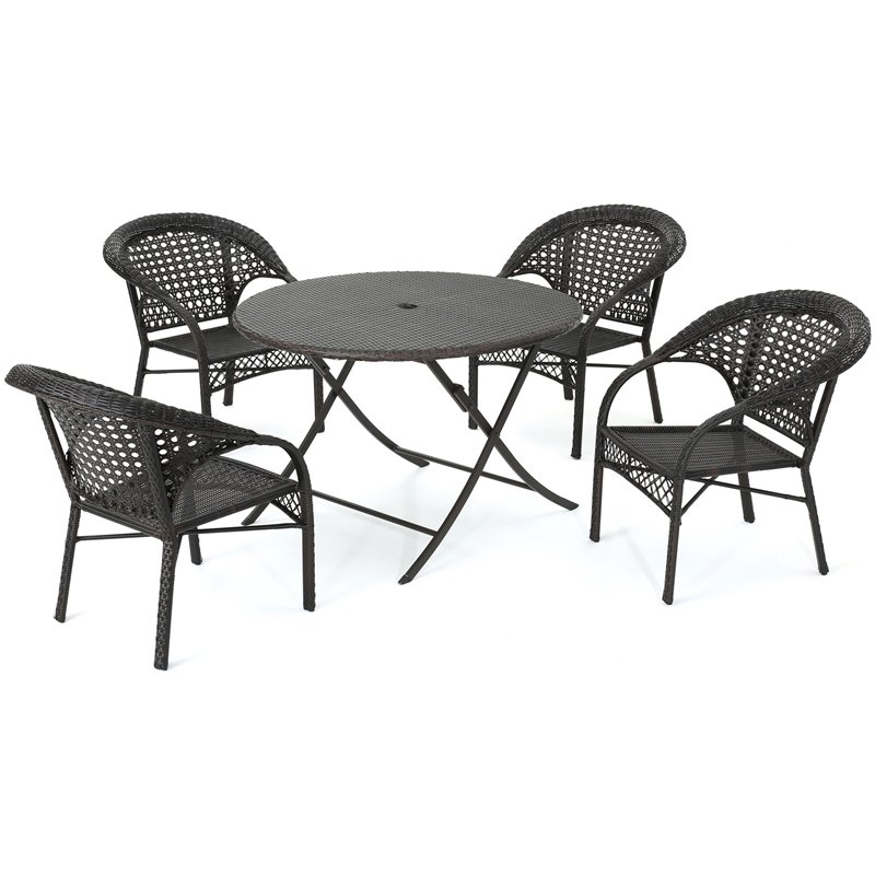 Noble House Maxine 5 Piece Wicker Foldable Patio Dining Set in Brown ...