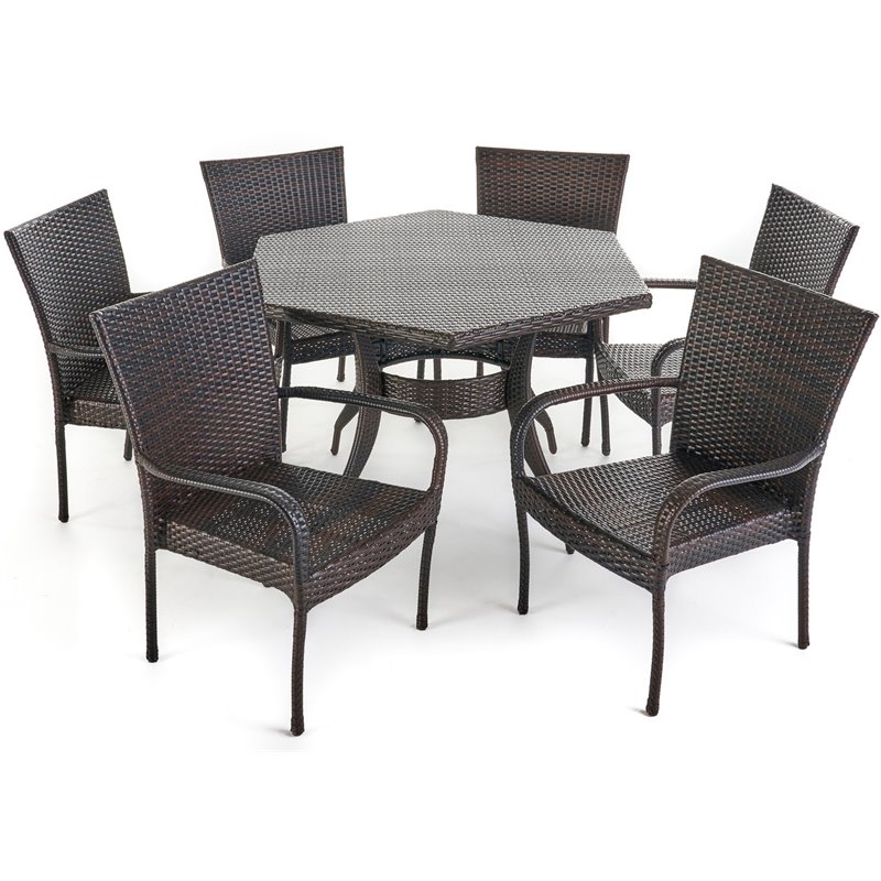 Noble House Leighton 7 Piece Wicker Hexagonal Patio Dining Set in Brown ...