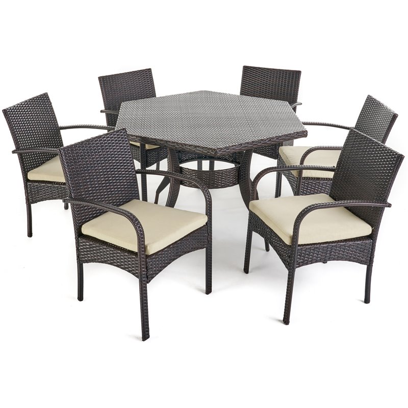 Noble House Calder 7 Piece Wicker Hexagonal Patio Dining Set in Brown ...