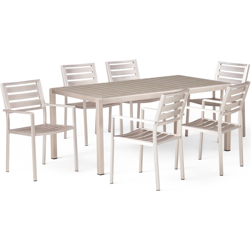Noble House Cape Coral 7 Piece Faux Wood Top Patio Dining Set in Silver ...