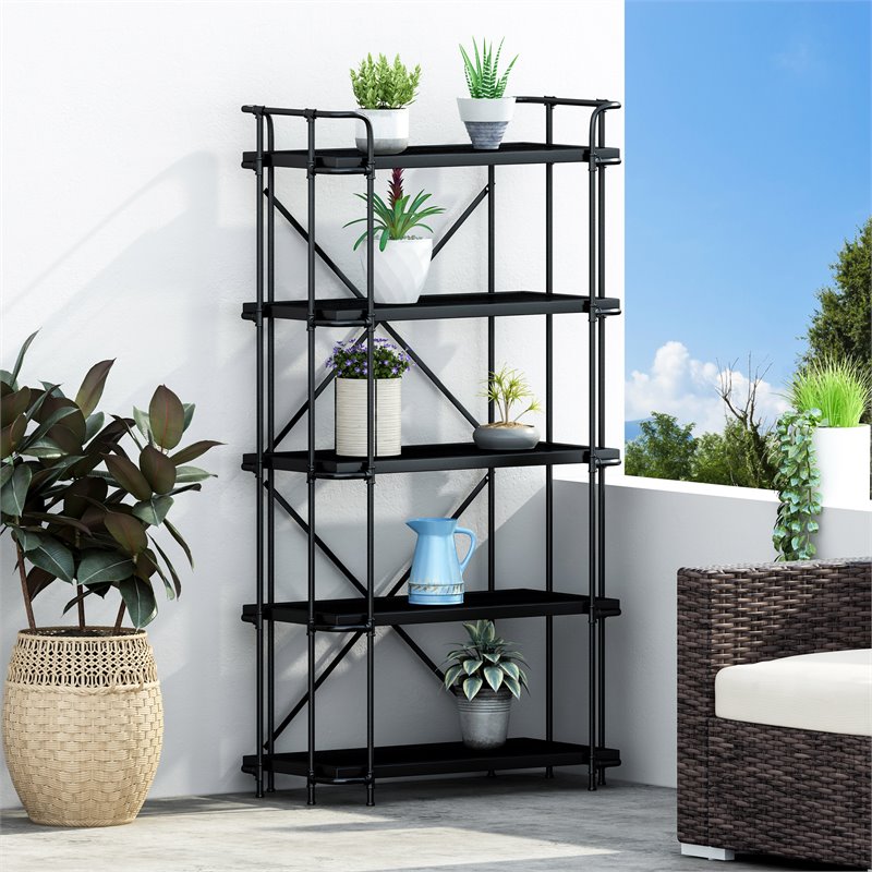 Noble House Blackfoot 5-Shelf Iron Mesh Outdoor Bookcase in Matte Black ...