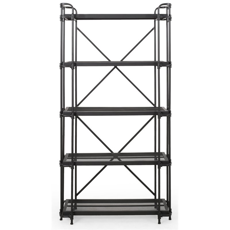 Noble House Blackfoot 5-Shelf Iron Mesh Outdoor Bookcase in Matte Black ...