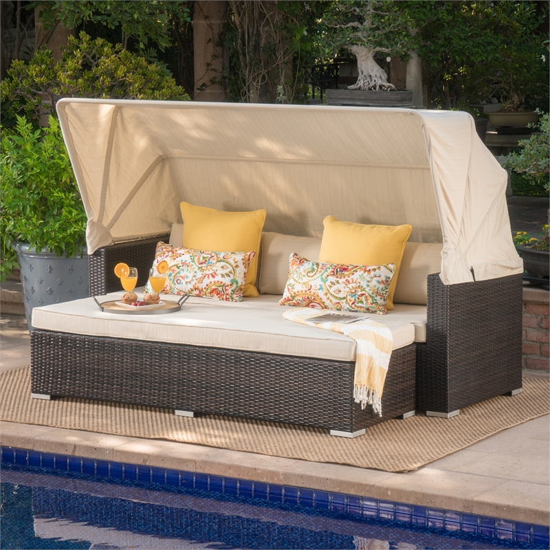 Noble House Glaros Outdoor Fabric Aluminum Daybed with Canopy in Beige Brown