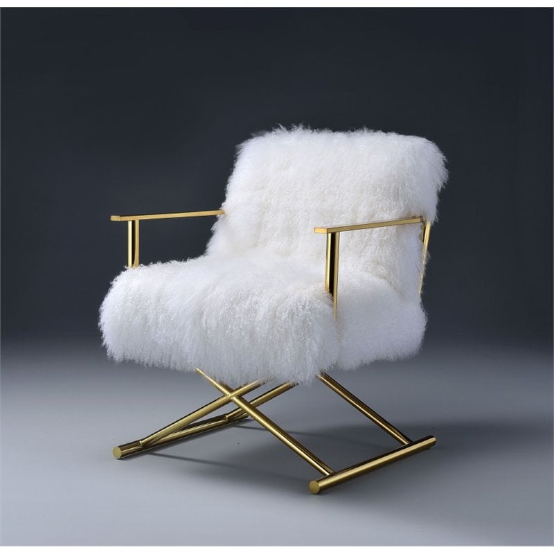 ACME Bagley Wool Accent Chair in White and Gold ...