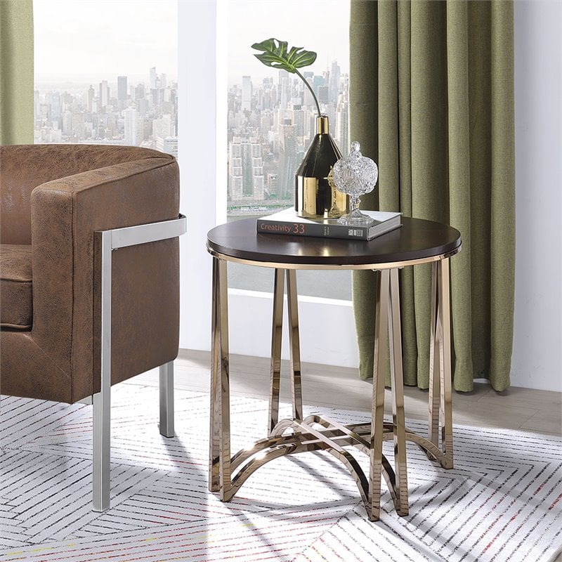 ACME Furniture Novus Round Wood & Metal End Table in Walnut/Champagne ...