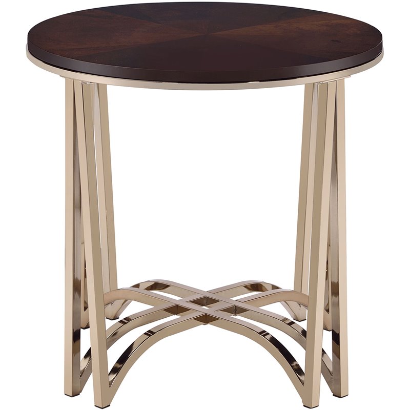 ACME Furniture Novus Round Wood & Metal End Table in Walnut/Champagne ...