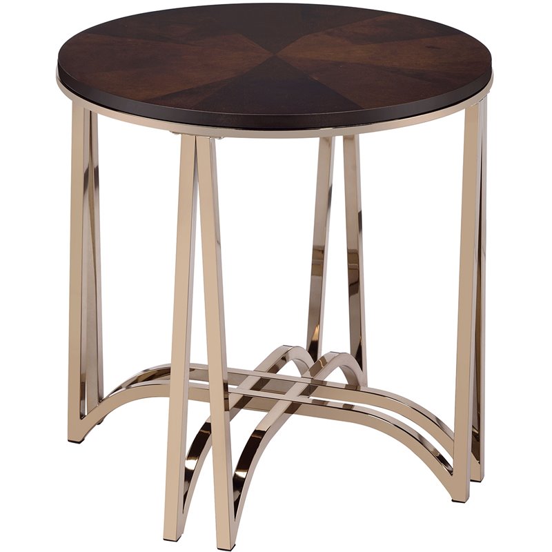 ACME Furniture Novus Round Wood & Metal End Table in Walnut/Champagne ...