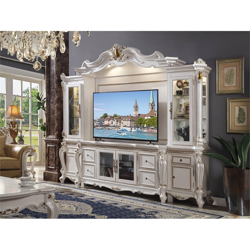 ACME Picardy Wooden Entertainment Center with Bridge in Antique Pearl ...