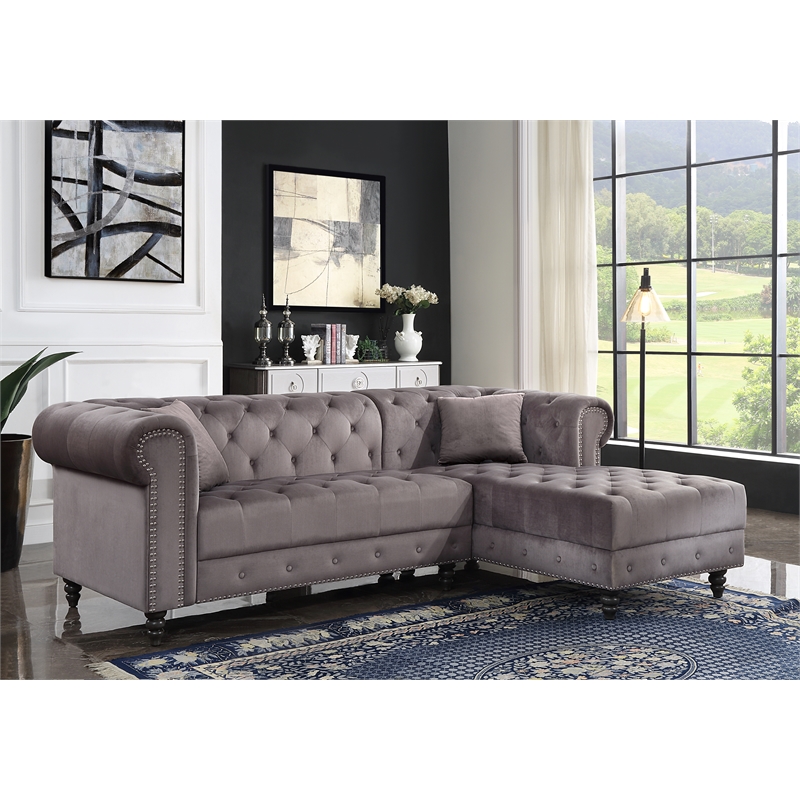 ACME Adnelis Sectional Sofa with 2 Pillows in Gray Velvet ...