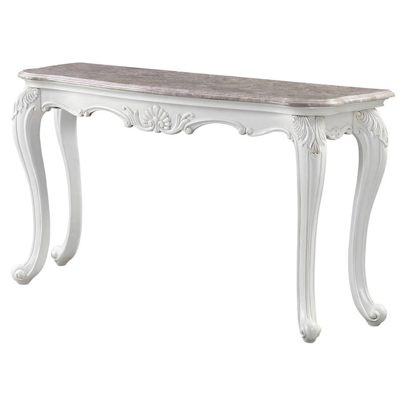 ACME Ciddrenar Marble Top Sofa Table with Queen Anne Legs in White ...