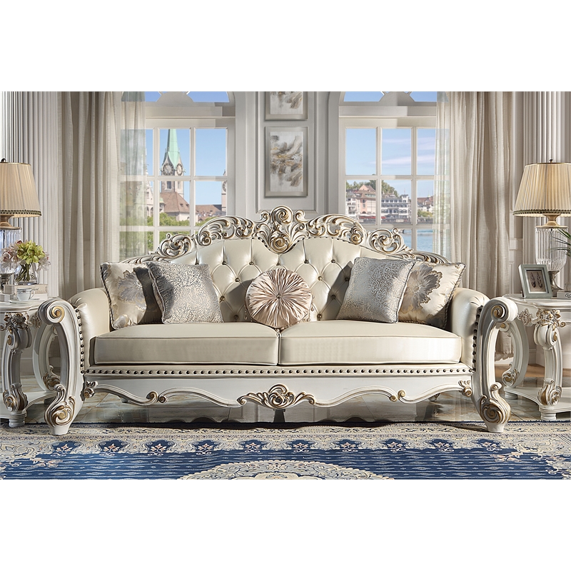 ACME Vendome Sofa with 5 Pillows in Champagne PU & Antique Pearl Finsih
