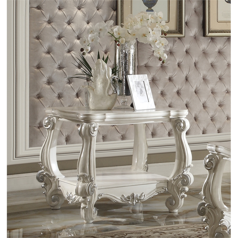 ACME Versailles Square Wood End Table with Bottom Shelf in Bone White ...