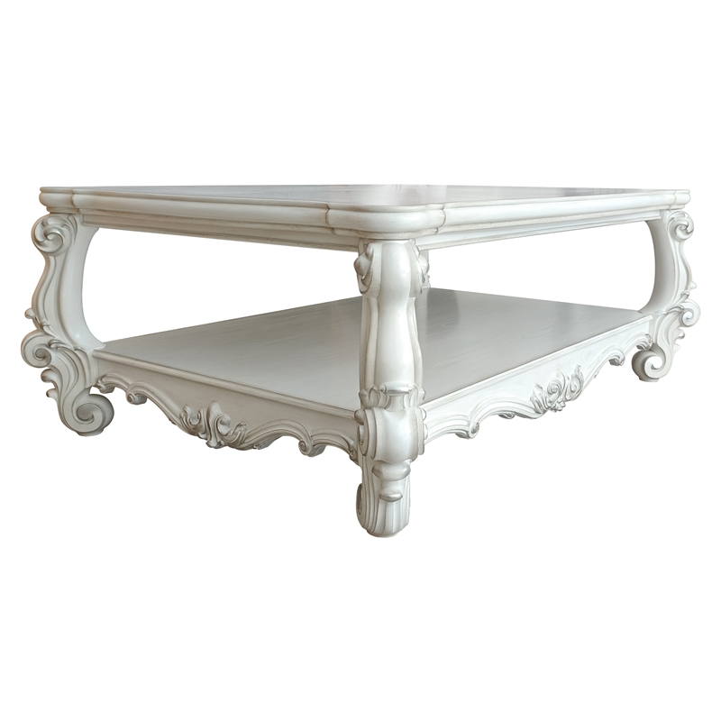 ACME Versailles Rectangular Wood Coffee Table with Bottom Shelf in Bone ...