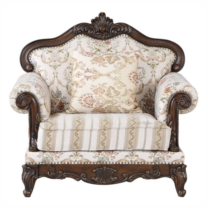 ACME Nayla Fabric Floral Upholstered Rolled Arm Chair with Pillow ...