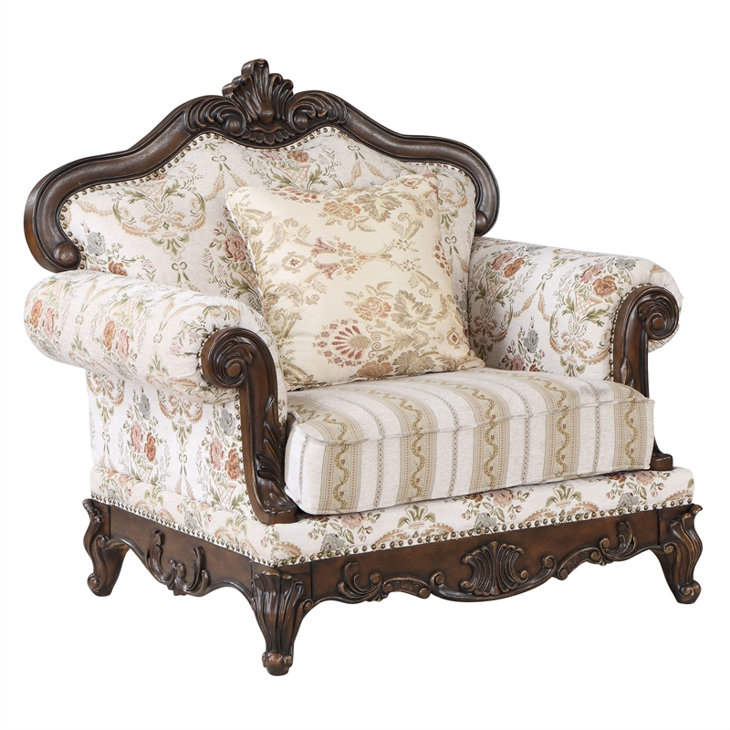 ACME Nayla Fabric Floral Upholstered Rolled Arm Chair with Pillow ...