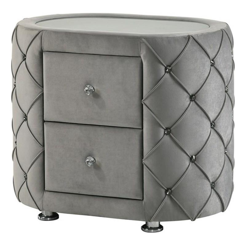ACME Perine 2-drawer Tufted Velvet Upholstered Nightstand in Gray ...