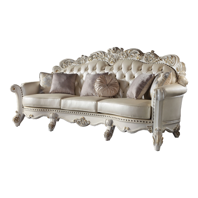 ACME Vendome Leather Upholstered Oversized Sofa with 6 Pillows in Pearl ...