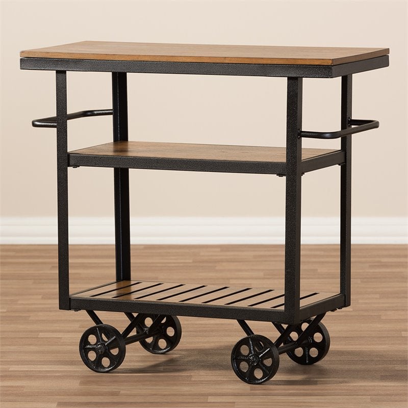 Baxton Studio Kennedy Bar Cart in Distressed Oak and Antique Black ...