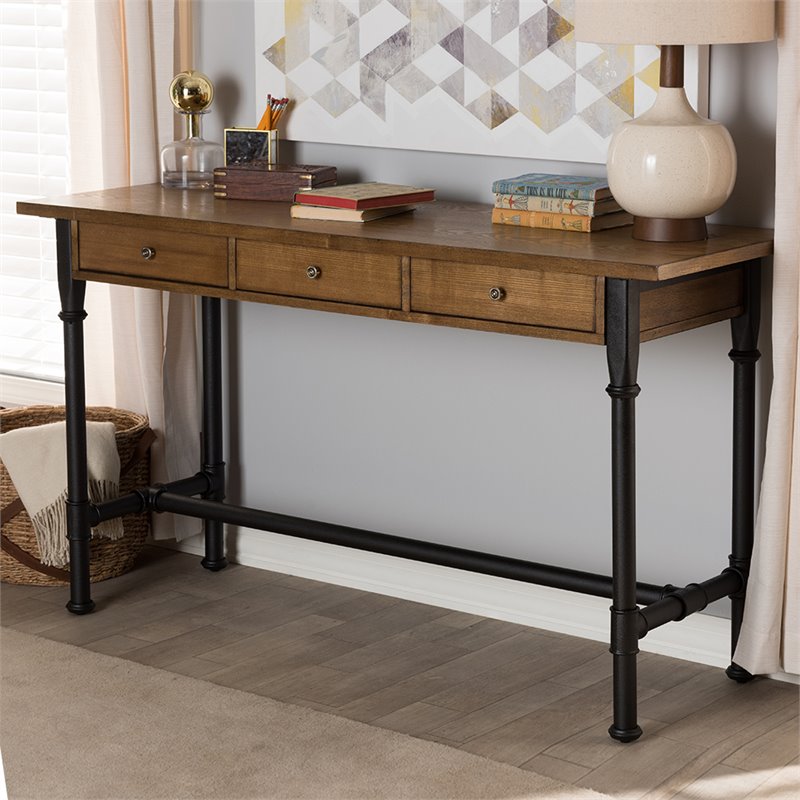 Baxton Studio Zeta 3 Drawer Writing Desk in Brown and Black ...